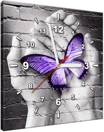 Tištěný obraz s hodinami Fialový motýl na dlaních 30x30cm ZP2389A_1AI