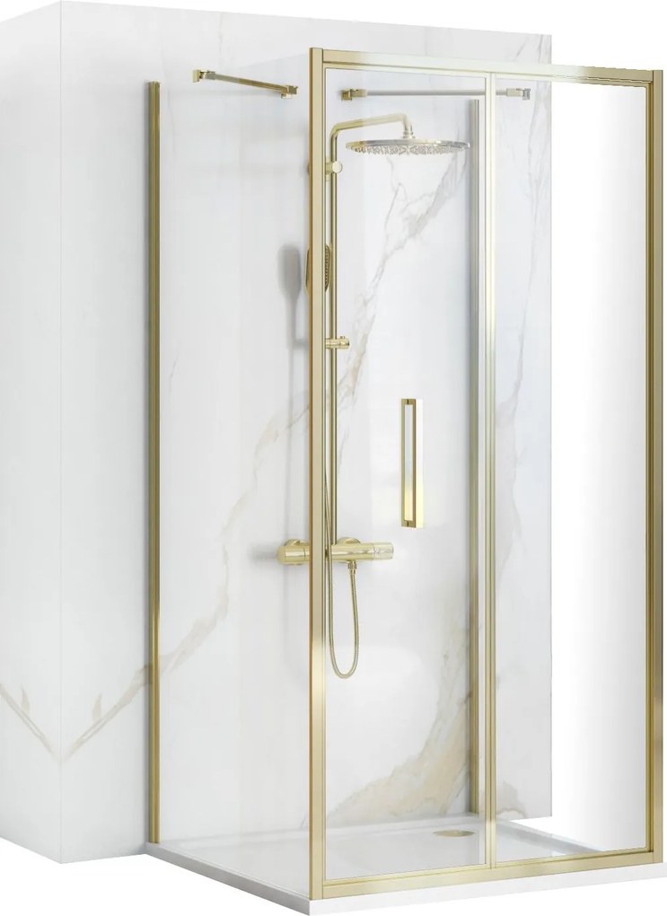 Rea Rapid Swing, 3-stěnový sprchový kout 100 (dveře) x 100 (stěna) x 100 (stěna) x 195 cm, 6mm čiré sklo, zlatý lesklý profil, KPL-09400