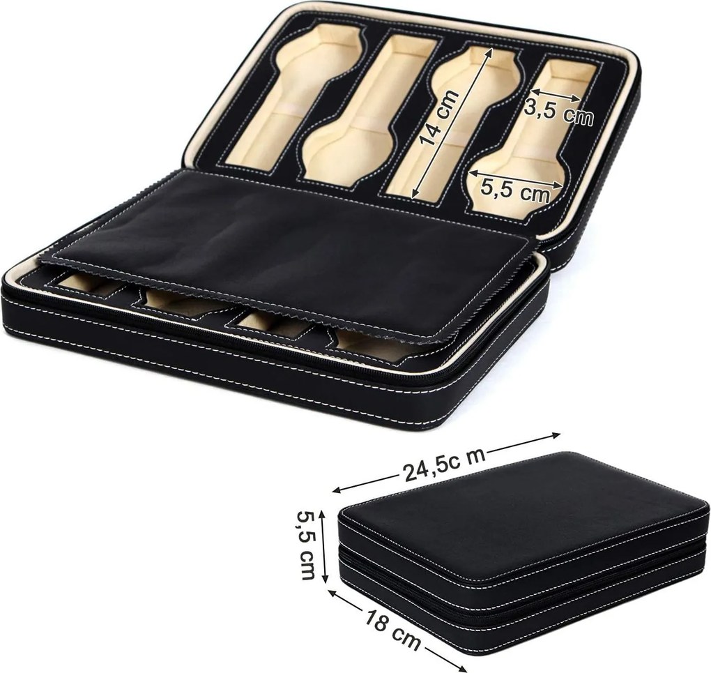 Přenosný úložný box na hodinky, krabička na hodinky pro 8 hodinek, černá