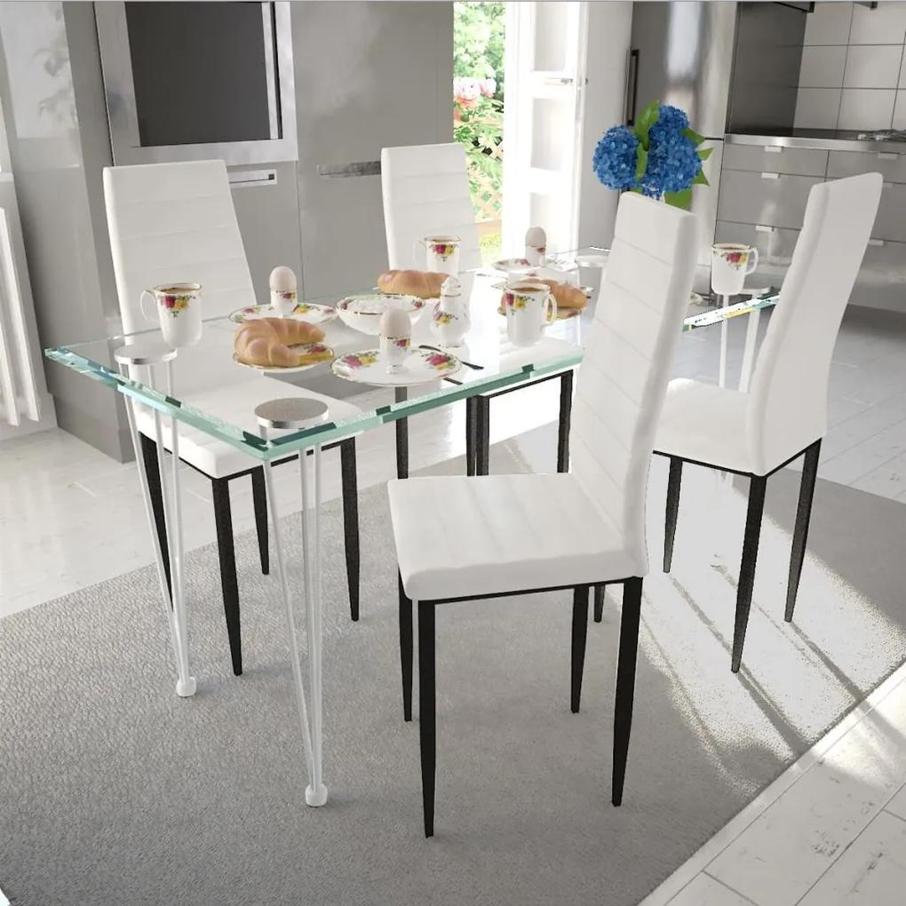 Jídelní set - bílé židle štíhlé 4 ks a 1 skleněný stůl