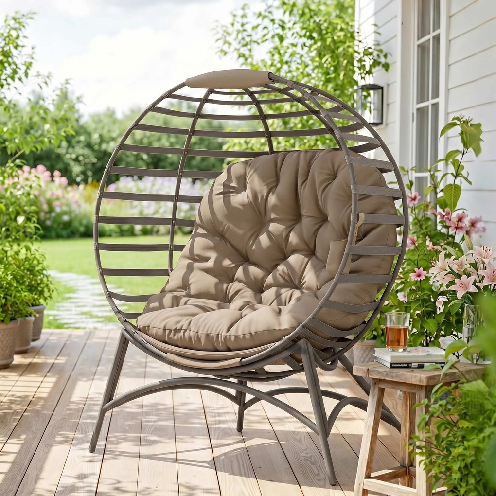 Outsunny papasan zahradní židle 2 koše polštáře oválné lounge křeslo skládací balkon terasa písek hnědá ocel 118x75x139cm