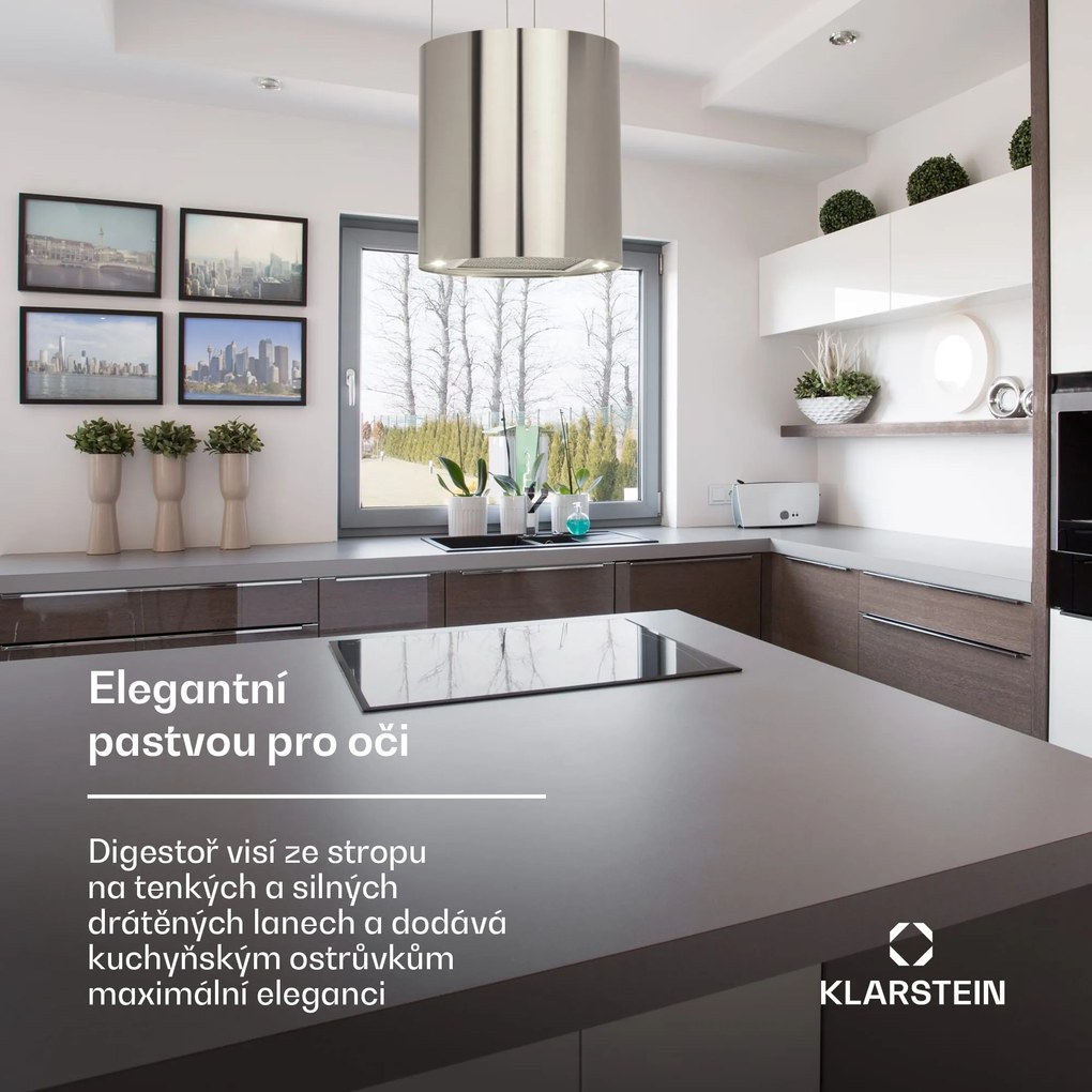 Klarstein Barett, digestoř, 35 cm, ostrůvková, 522 m³/h, LED, filtr s aktivním uhlím, nerezová ocel