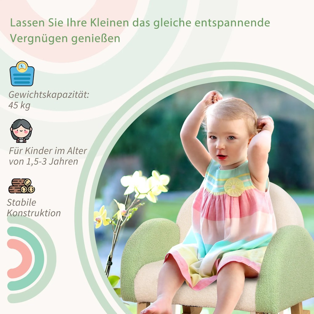 HOMCOM Houpací křeslo pro děti - Pohodlné křeslo pro děti od 1,5 do 3 let, Eukalyptové dřevo, Faux ovčí kůže