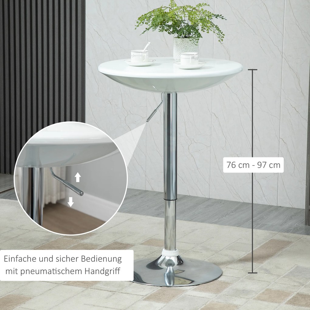 HOMCOM Barový stůl moderní jídelní stůl výškově nastavitelný kovový ABS lakovaný bílá Ø61 x 76-97 cm do kuchyně a obývacího pokoje