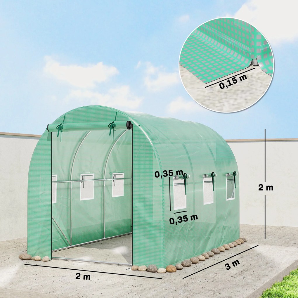 Outsunny Skleník 3 x 2 m Fóliový skleník s rolovacími dveřmi na 2 zipy a 6 okny ze síťoviny Podpěrné tyče Zelená barva