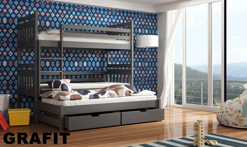 Patrová postel SEWERYN 80x180 cm s přistýlkou a úložným prostorem GRAFIT