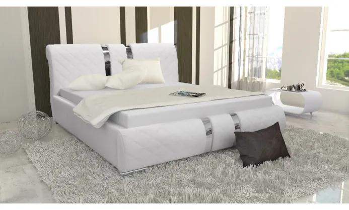 Luxusní čalouněná postel Luka s vysokým čelem a úložným prostorem bílá eko kůže 180 x 200