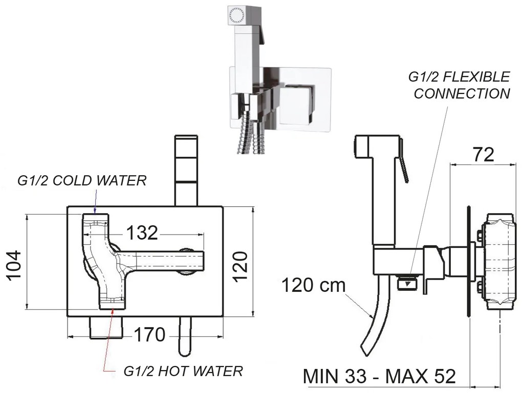 Sapho, LATUS podomítková baterie s bidetovou sprškou, hranatá, chrom, 1102-07