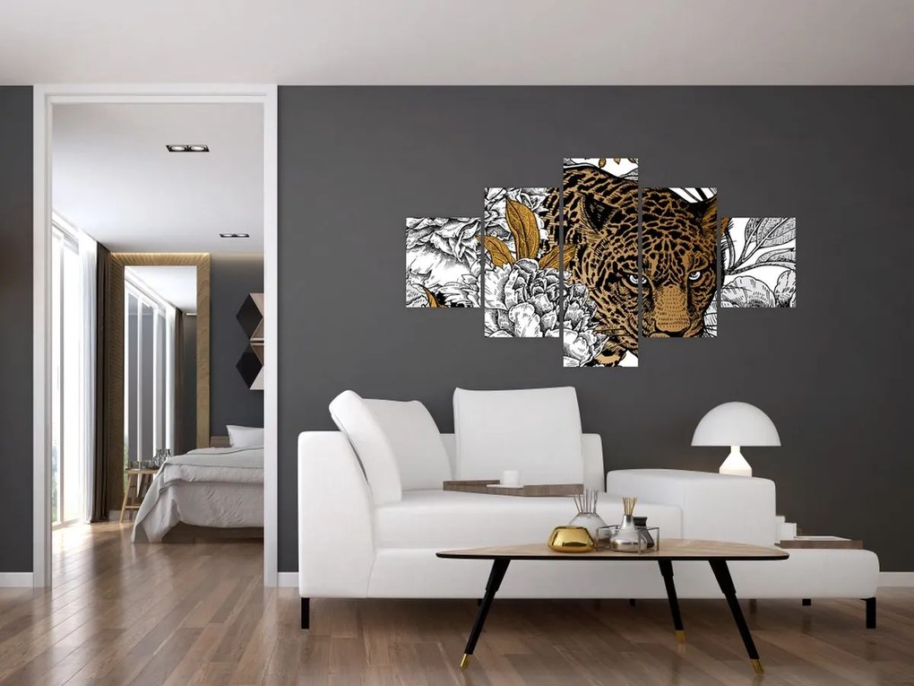 Obraz - Leopard mezi květy (125x70 cm)