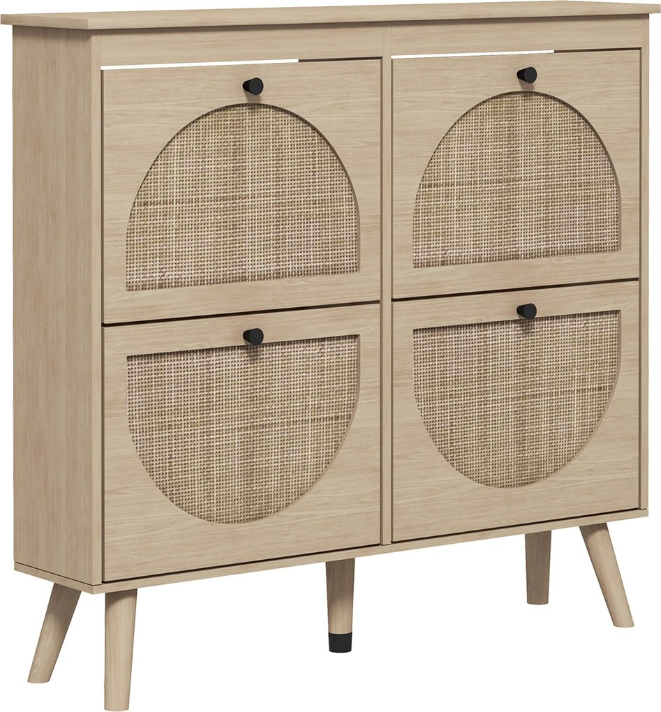HOMCOM Botník se 4 skládacími zásuvkami pro 20 párů obuvi s nastavitelnou policí, bohémský styl, nohy z masivního dřeva, 105 x 24 x 97,5 cm Přírodní |
