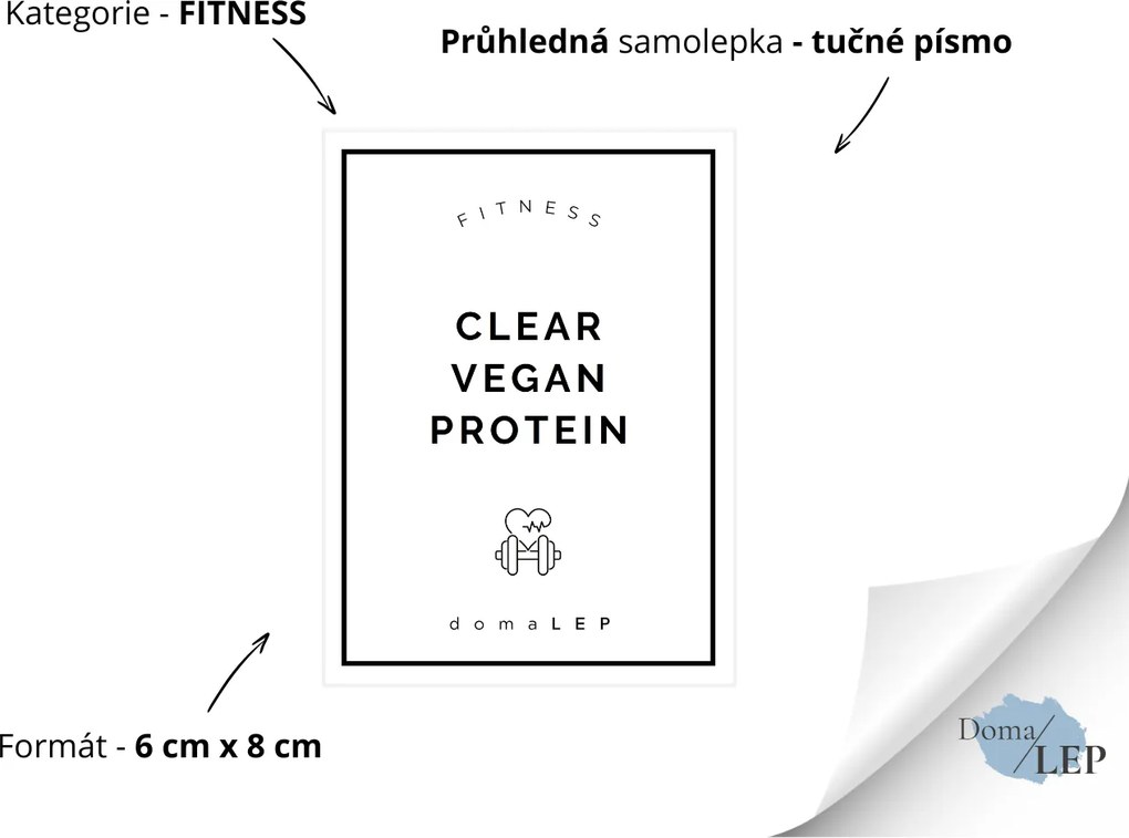 CLEAR VEGAN PROTEIN - Samolepka na dózu pro fitness doplňky - DomaLEP tvar: ČTVEREC, barva: PRŮHLEDNÁ - ČERNÉ písmo, velikost: š. 5 cm x v. 5 cm - tučné písmo