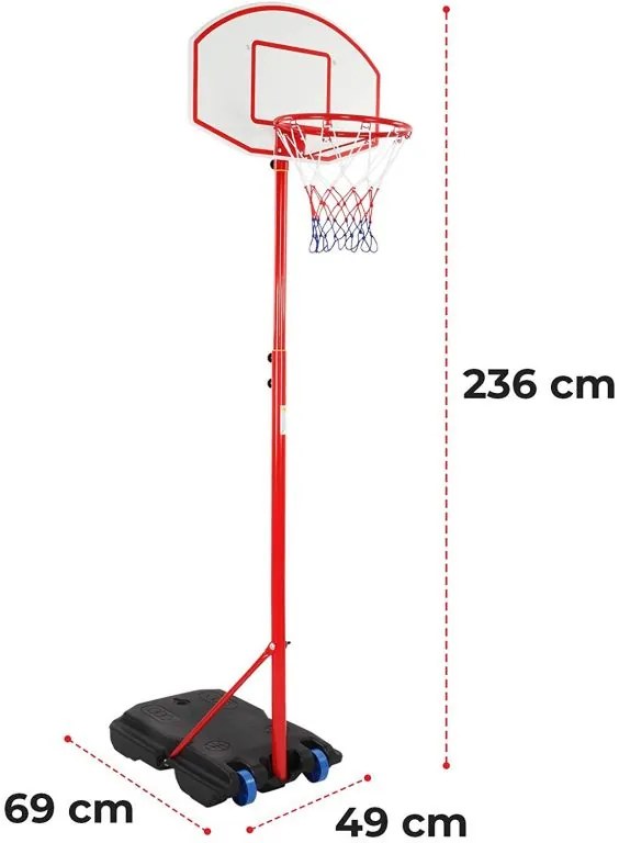 Basketbalový koš s kolečky, nastavitelný 148-236 cm, červená