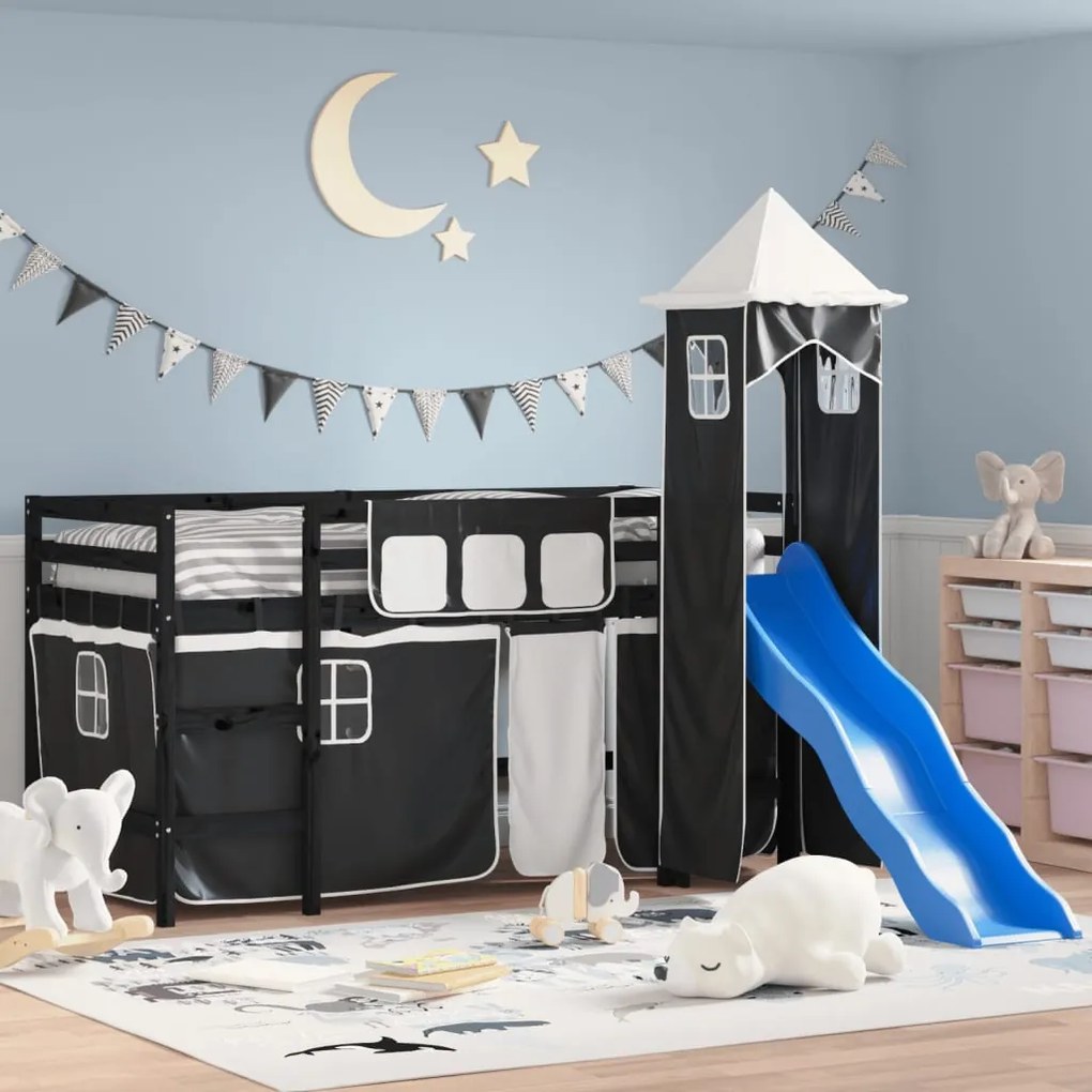 Dětská patrová postel s věží bílá a černá 90 x 190 cm borovice,  3207087