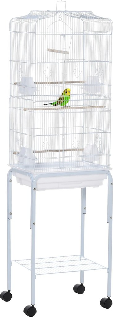 PawHut Ptačí Klec na Kolečkách 46,5x36x157 cm, Kovová Ptačí Klec se 4 Krmítky, 3 Hnízdy, Vyjímatelným Velkým Odtokem a Úložnou Policí pro Kanárky a A…