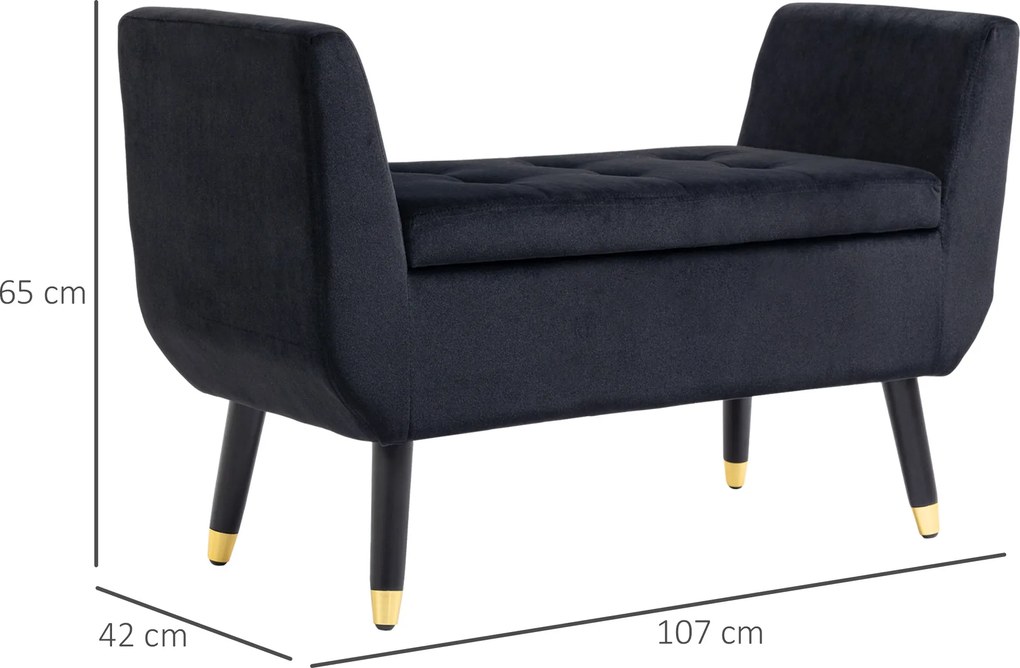 HOMCOM Luxusní čalouněná lavice s úložným prostorem a područkami, sametový polyester, kaučukové dřevo, černá, 107x42x65cm do obývacího pokoje a předs…