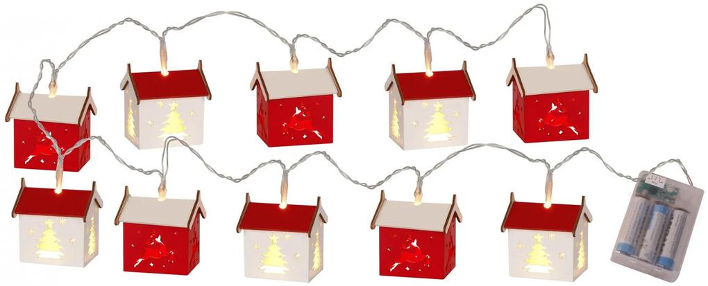 STAR TRADING Světelný LED řetěz s domečky Datja, červená barva, bílá barva, dřevotříska