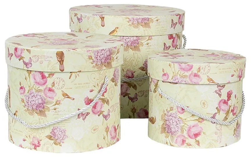 3ks zelený kulatý box s růžovými květy - Ø 23*20 / Ø 20*17 / Ø 17*14 cm