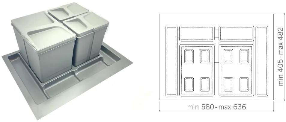 In-Design Systém odpadkových košů do zásuvky - PRAKTIK šířka skříňky 700 antracit Členění odpadkového koše: 1x15 + 2x7l (výška 270)