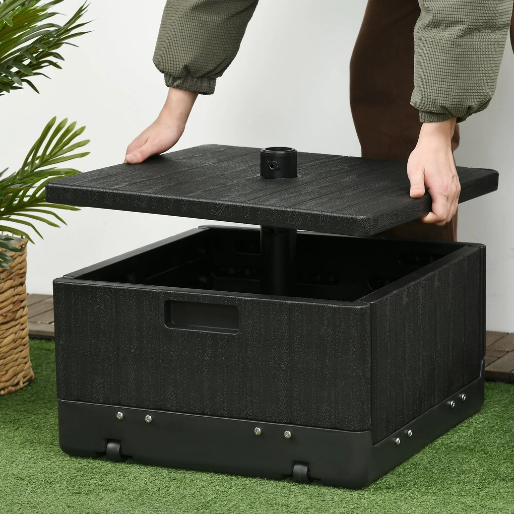 Stojan na slunečník Outsunny s podstavcem, bočním stolem a květináčem, s odvodňovacími kolečky a rukojetí, PE a kov, 53L x 53W x 47H cm, černý | Aosom