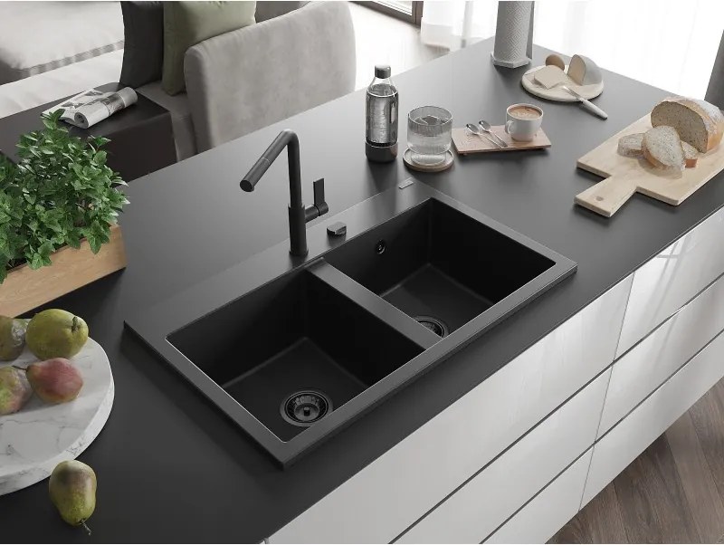 Mexen Hektor, 2-komorový granitový dřez 800x480x205 mm, černá, grafitový sifon, 6521802000-77-B