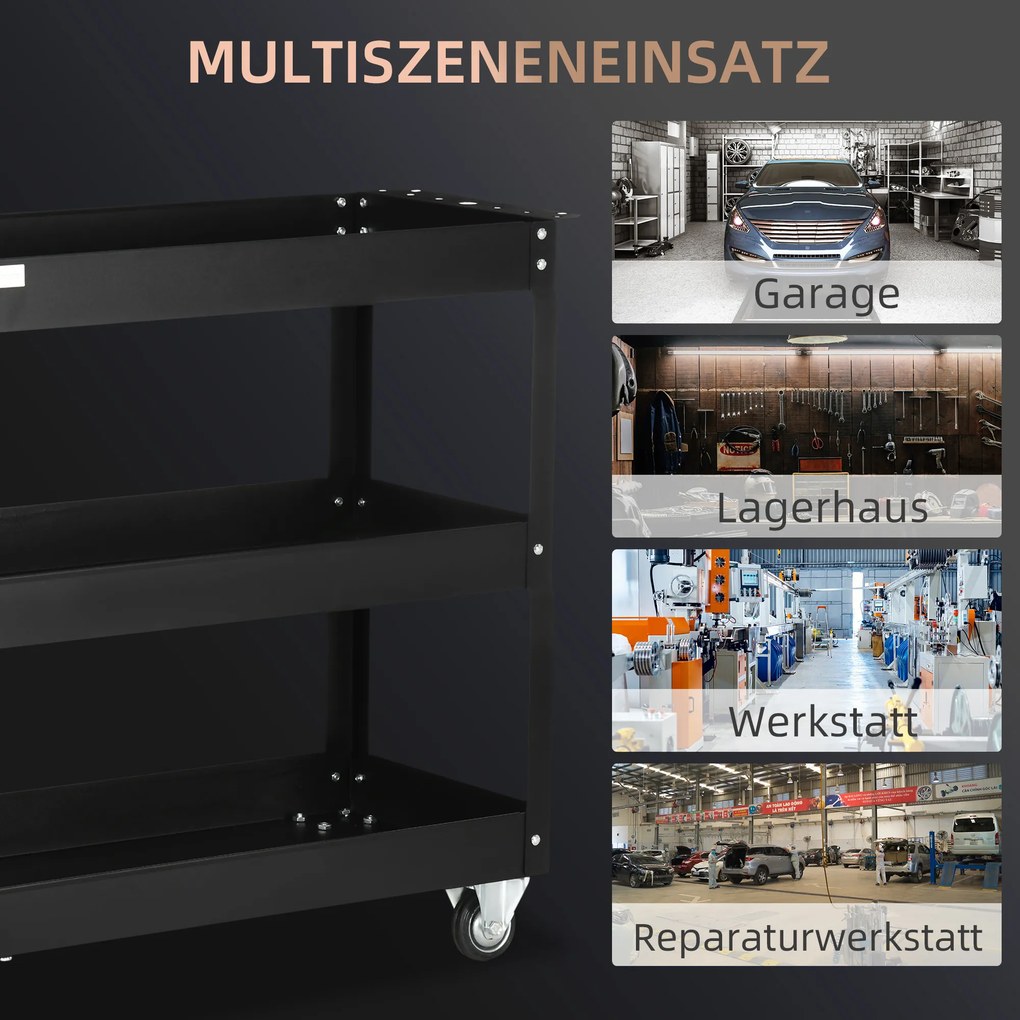 DURHAND třípatrový vozík na nářadí, 4 kolečka, ocel, 83Š x 35,3D x 76V cm, černý
