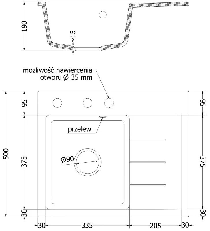 Mexen Ben, 1-komorový granitový dřez 600x500x190 mm, levý + černý sifon, černá-stříbrná metalíza, 6522605000-73-B
