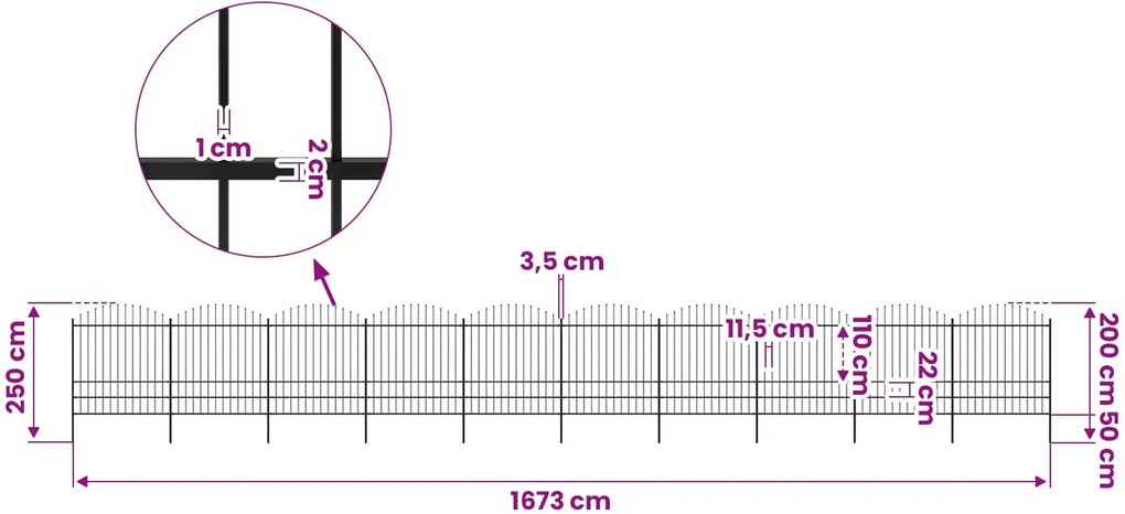 Zahradní plot s kopím nahoře ocelový 1673 x 200 cm černý 277757