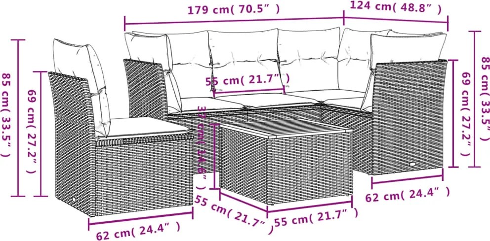 6dílná zahradní sedací souprava s poduškami šedá polyratan 3255976