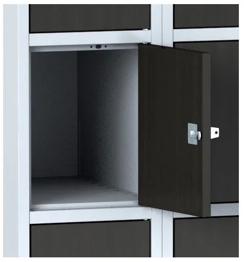 Alfa 3 Šatní skříňka s úložnými boxy, 15 boxů 300 mm, laminované dveře ořech, otočný zámek