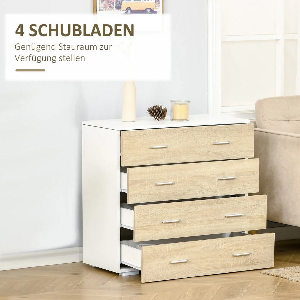 HOMCOM Komoda se 4 šuplíky - Moderní pomocný úložný kabinet do ložnice, chodby nebo obývacího pokoje, 76x35x72 cm, dub a bílá