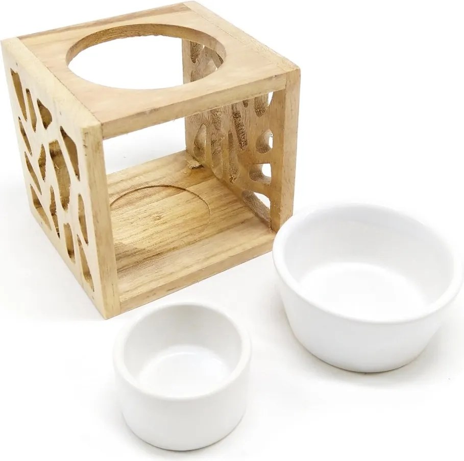 Klasická aromalampa Wooden Frame – s dřevěným rámem a dvěma porcelánovými miskami, moderní design