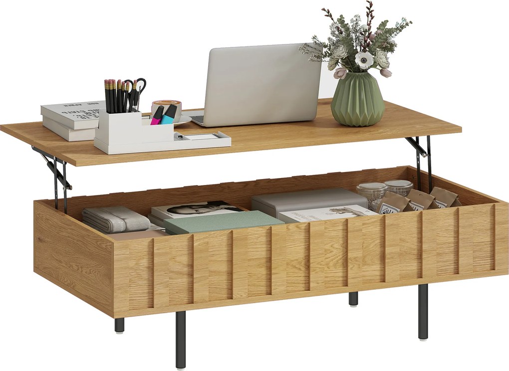 HOMCOM Sklápěcí konferenční stolek se 2 skrytými přihrádkami a žebernými stranami, mid-century-modern styl, 110x55x36,5 cm, dub