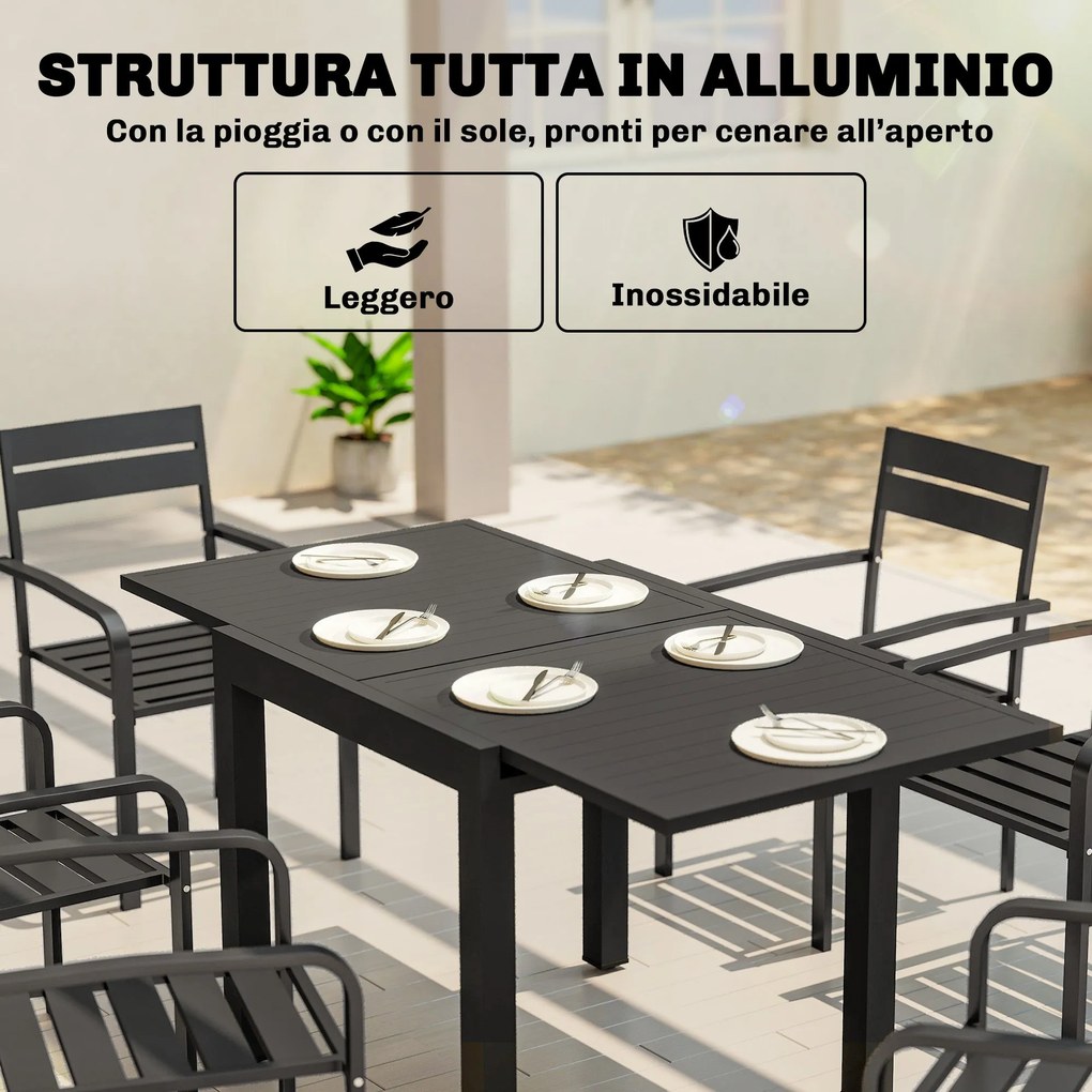 Outsunny rozkládací zahradní jídelní stůl pro 4–6 osob, 80/160 × 80 × 75 cm — černý, práškově lakovaný hliník s lamelovým povrchem