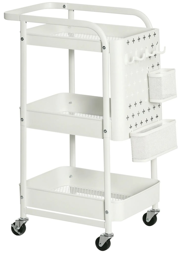 HOMCOM Vozík se zásuvkami 3-patrový kuchyňský regál na kolečkách do kuchyně a kanceláře, bílá ocel 51.5x32x75.6cm | Aosom.de