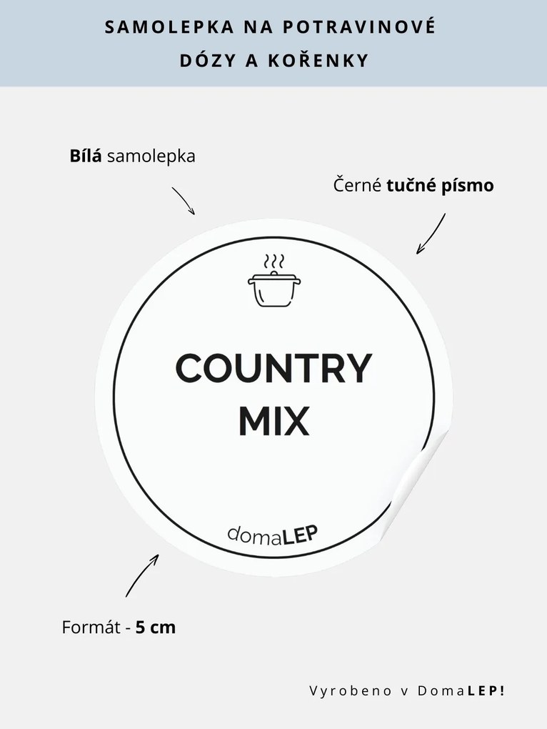 Samolepka na kořenky COUNTRY MIX bílá 5 cm tučné písmo
