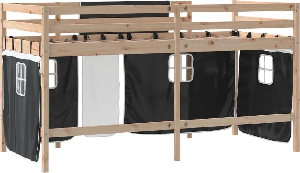 vidaXL Dětská patrová postel se závěsy 90x200 cm borovice [3206964] Barva: Přírodní a černá