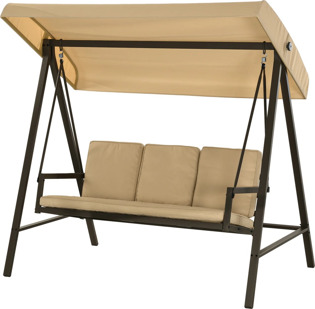 Outsunny 3-místná hollywoodská houpačka, zahradní houpačka, nastavitelný slunečník, 200 cm x 125 cm x 175 cm, béžová + hnědá