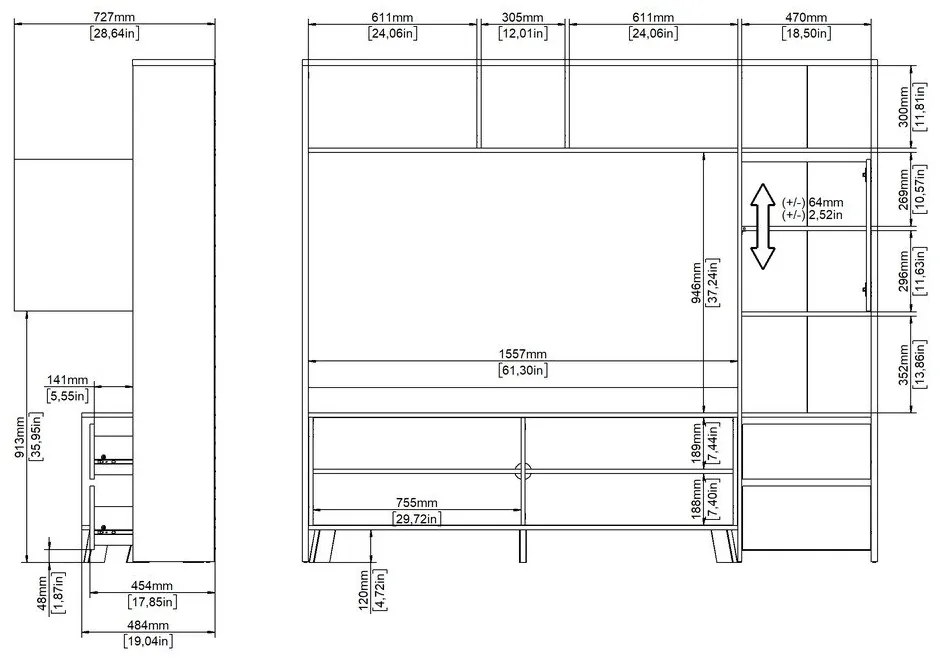 Bílá/v přírodní barvě TV sestava v dekoru dubu 209x183x48 cm Next – Tvilum