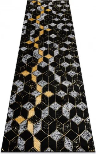 Dywany Łuszczów, Běhoun Gloss 400B 86 3D geometric black/gold, 60x300, černá, obývací pokoj