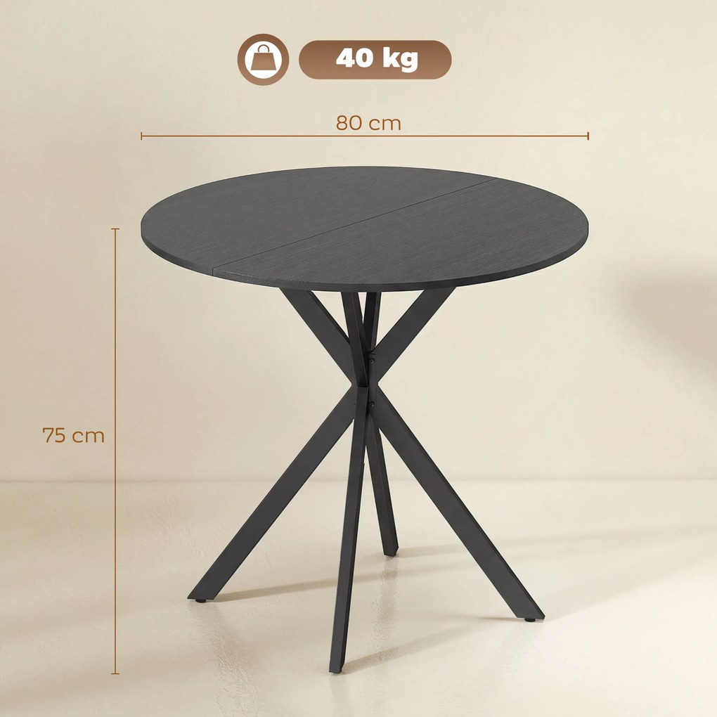 HOMCOM kulatý jídelní stůl 80 cm, industriální s křížovými ocelovými nohami, pro 2 osoby, černý