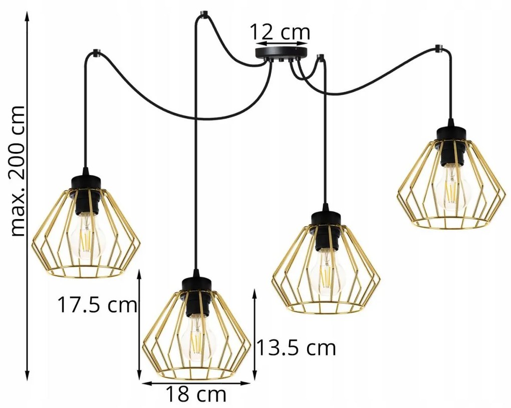 Závěsné svítidlo NUVOLA SPIDER 1, 4x zlaté drátěné stínítko