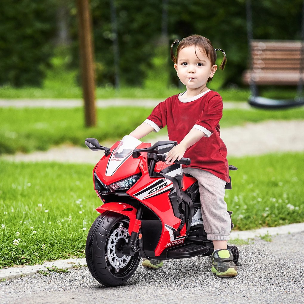 HOMCOM Elektrická motorka s licencií Honda pro děti 3-5 let, akumulátorový motocykl 6V s předním světlem, houkačkou, muzikou a odnímatelnými stabiliza