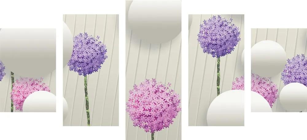 5-dílný obraz zajímavé květy s abstraktními prvky a vzory
