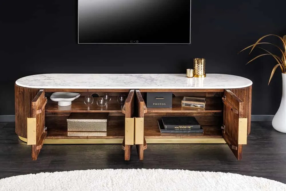 Designový TV stolek Daichi 170 cm mango / mramor - II. třída