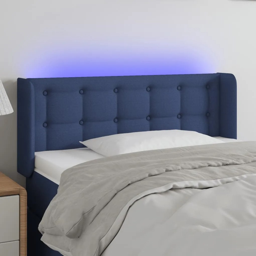 Čelo postele s LED modré 93 x 16 x 78/88 cm textil