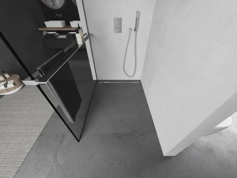 Mexen Kioto+ L, sprchová zástěna Walk-In s poličkou a věšákem 70 x 200 cm, 8mm čiré sklo černý vzor, ​​chromový profil, 800-070-123-01-70