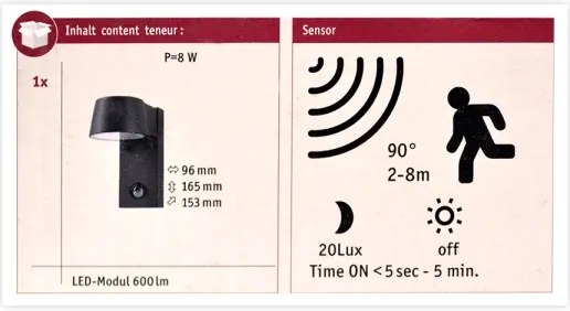 Paulmann 94453 - LED/6W IP44 Venkovní nástěnné svítidlo se senzorem CAPEA 230V