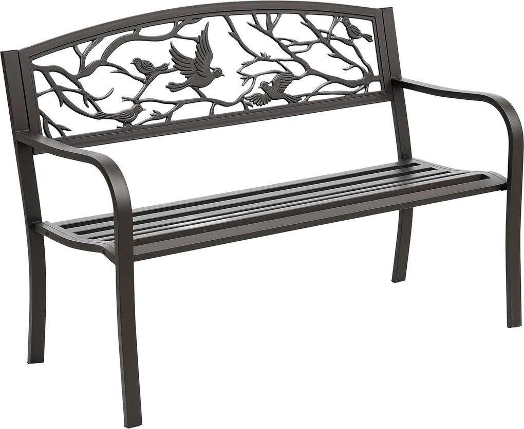 Hliníková zahradní lavička Outsunny s opěrkami a obrázkem zvířat, nosnost 240 kg, pro terasu, rozměry 127x60x85 cm, hnědá | Aosom