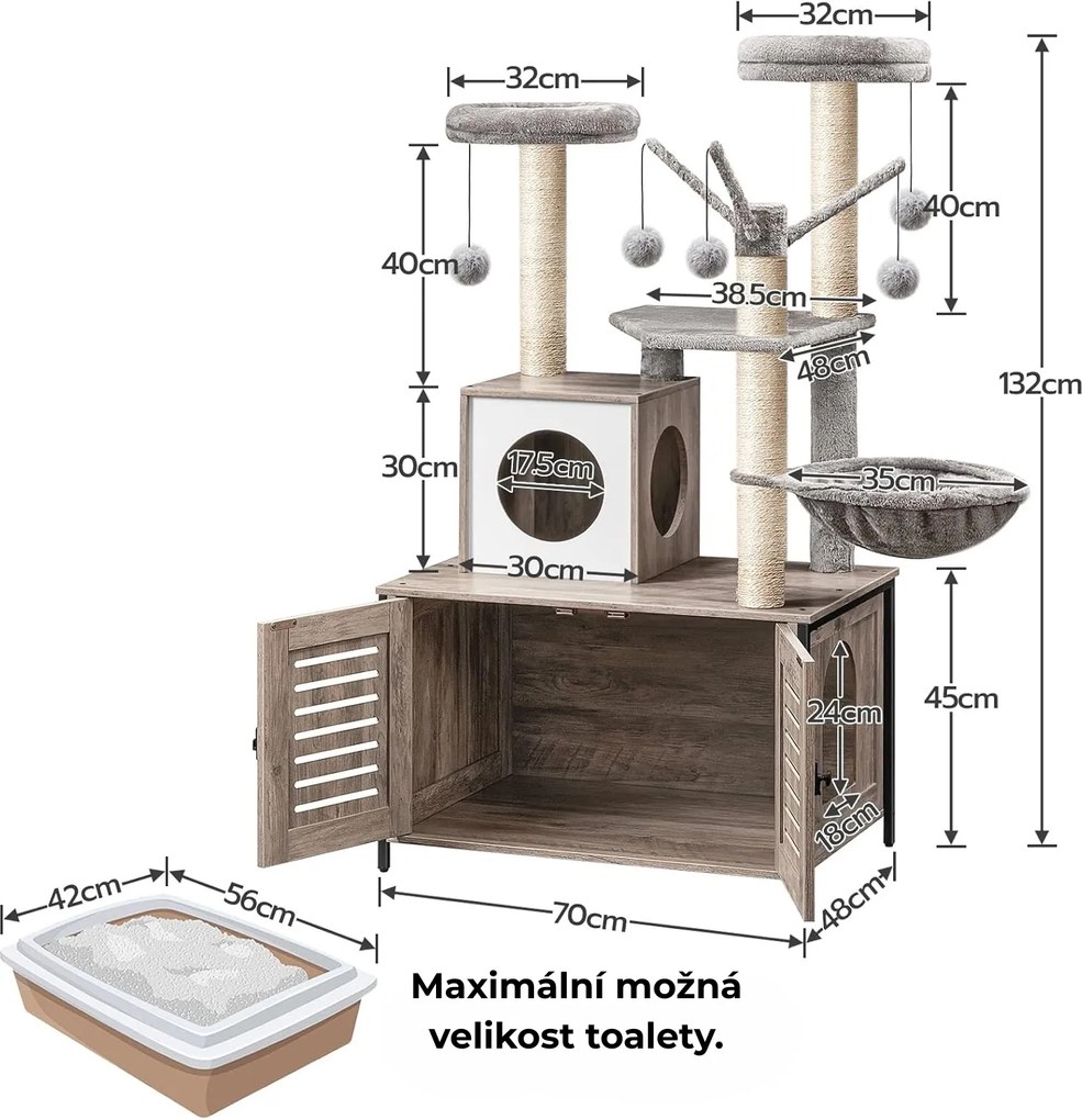 Škrabadlo pro kočky Vasagle Selly 132 cm s toaletou šedé