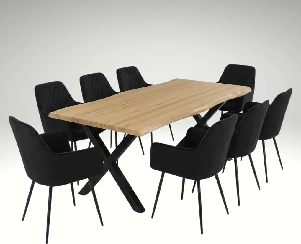 Vikio Jídelní set pro 8 osob 180x90 cm soft dub noha X černá židle s područkami VJS228-8C